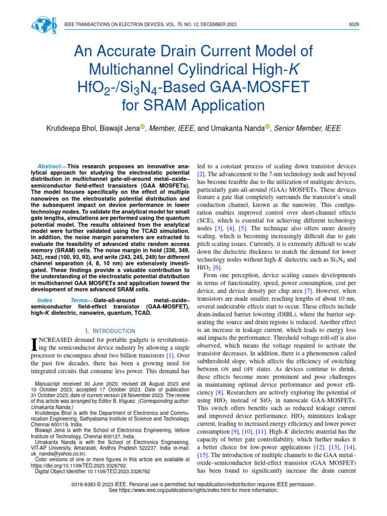 An Accurate Drain Current Model of Multichannel Cylindrical High-K HfO2 ...