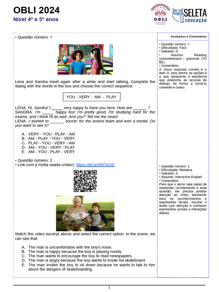 Questões de Inglês OBLI 2024 | PDF | Linguística | Gramática
