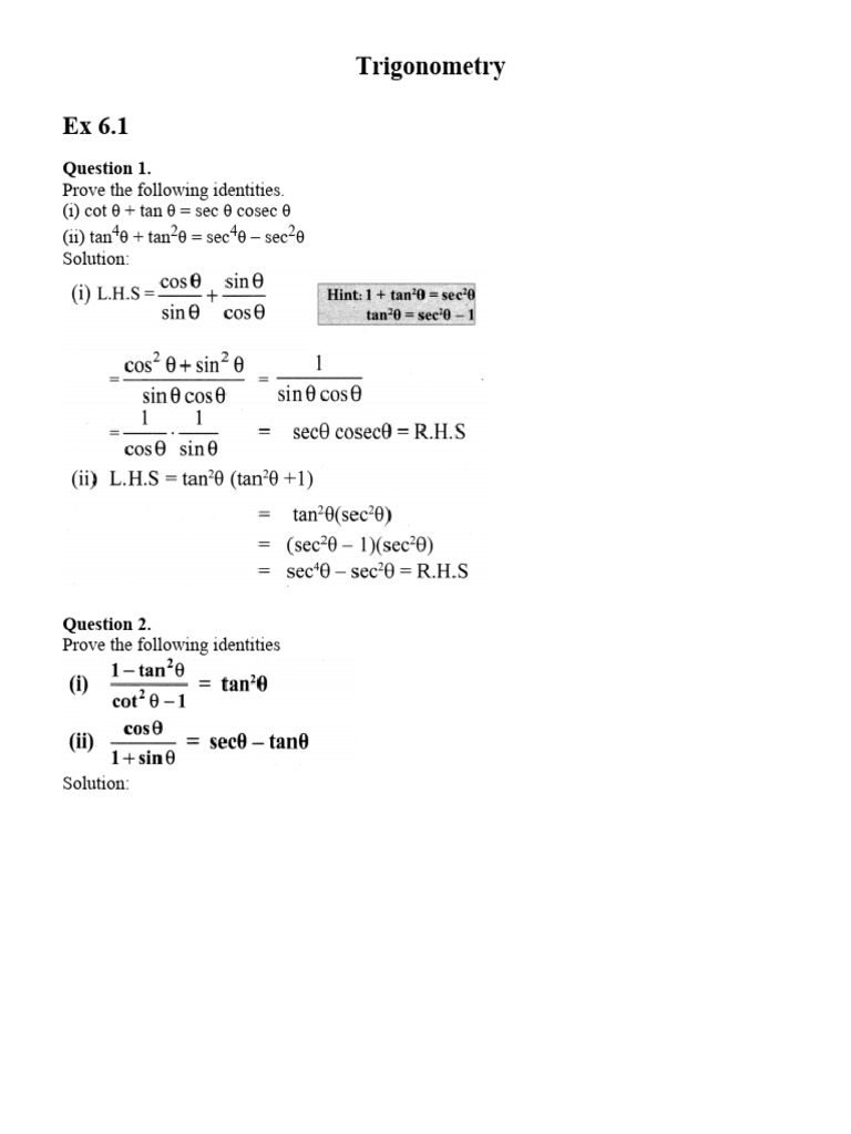 Trigonometry: Prove the following identities. (i) cot θ + tan θ = sec θ cosec θ | PDF | Angle ...