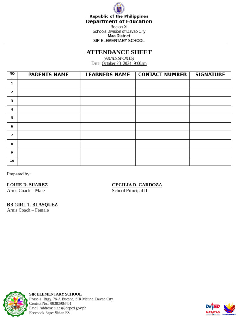 SIR Elementary School Arnis Attendance Sheet | PDF