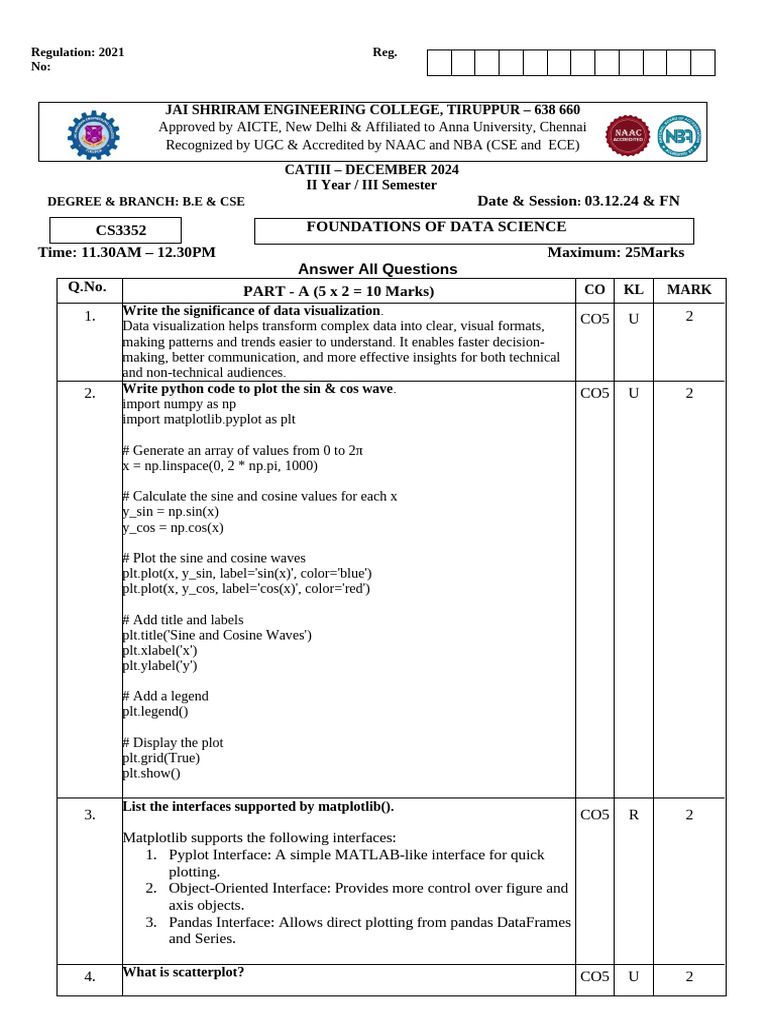 III CSE_FDS-int 3 QP ans key | PDF | Scatter Plot