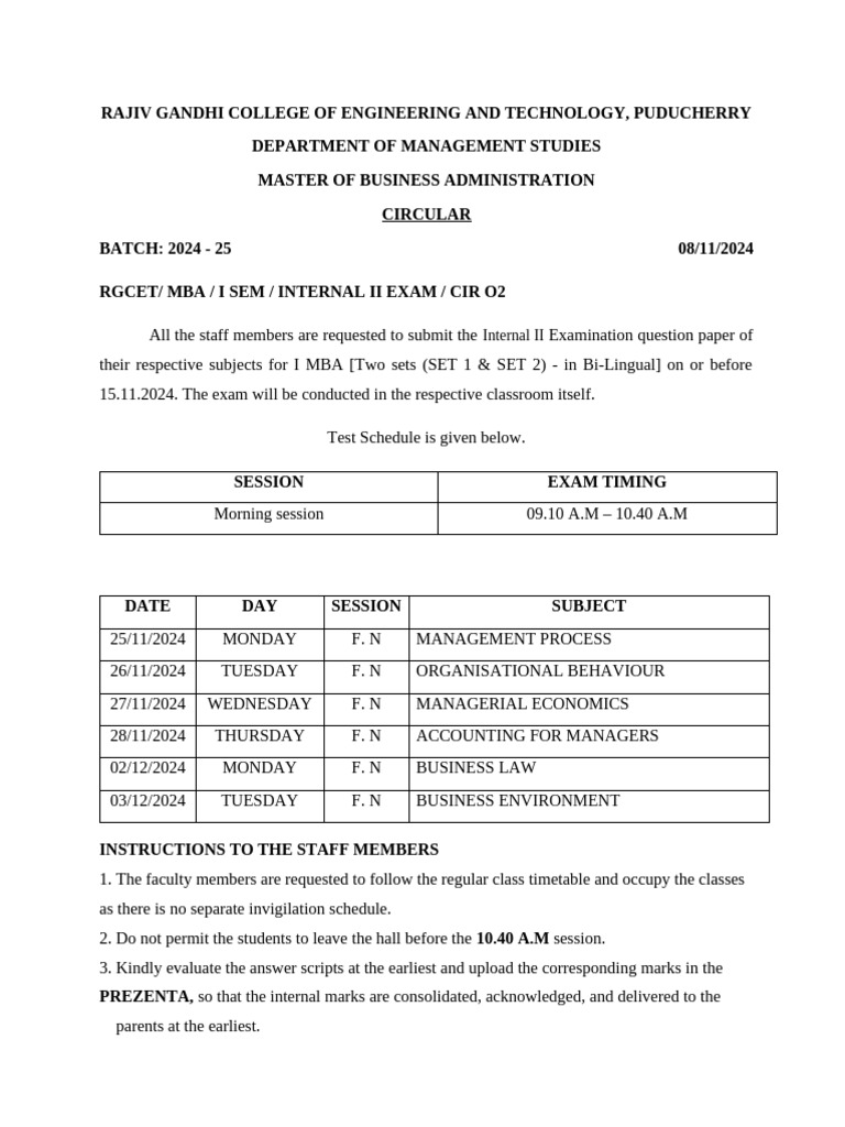 2nd internals circular | PDF | Master Of Business Administration | Business