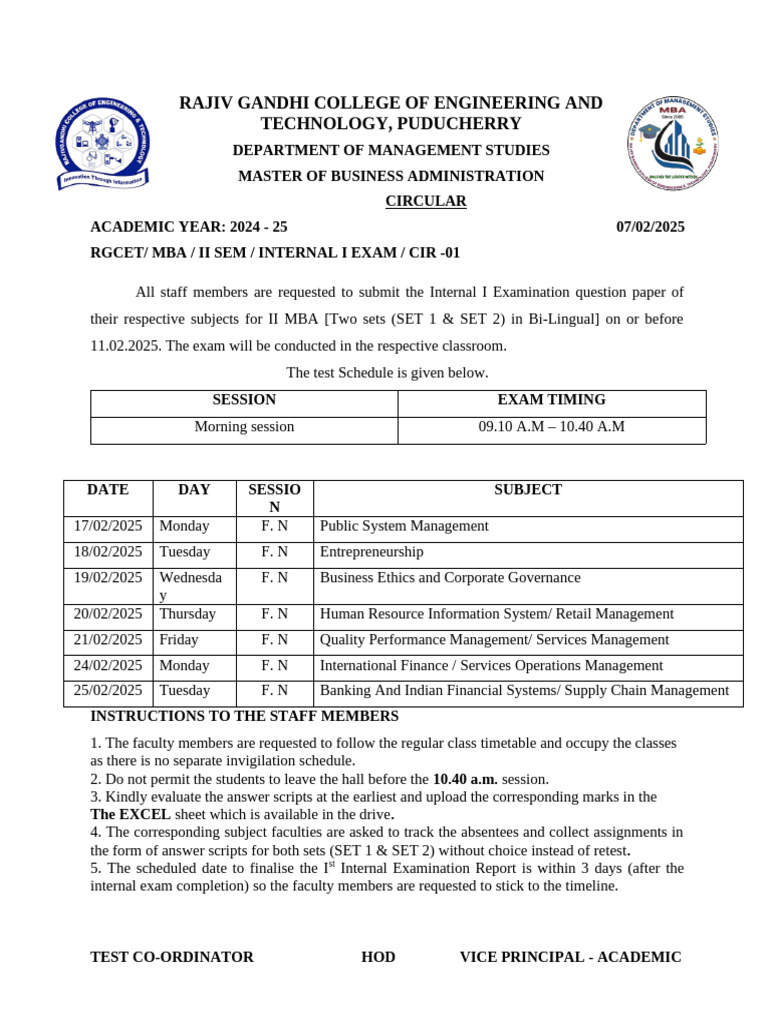 1st Internals Circular 2025 | PDF | Master Of Business Administration ...