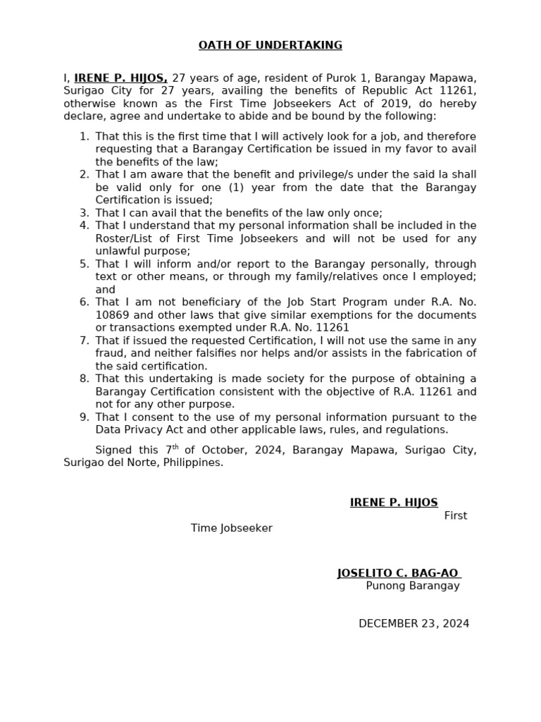 Certification 1ST Job Seeker - Oath of Undertaking | PDF