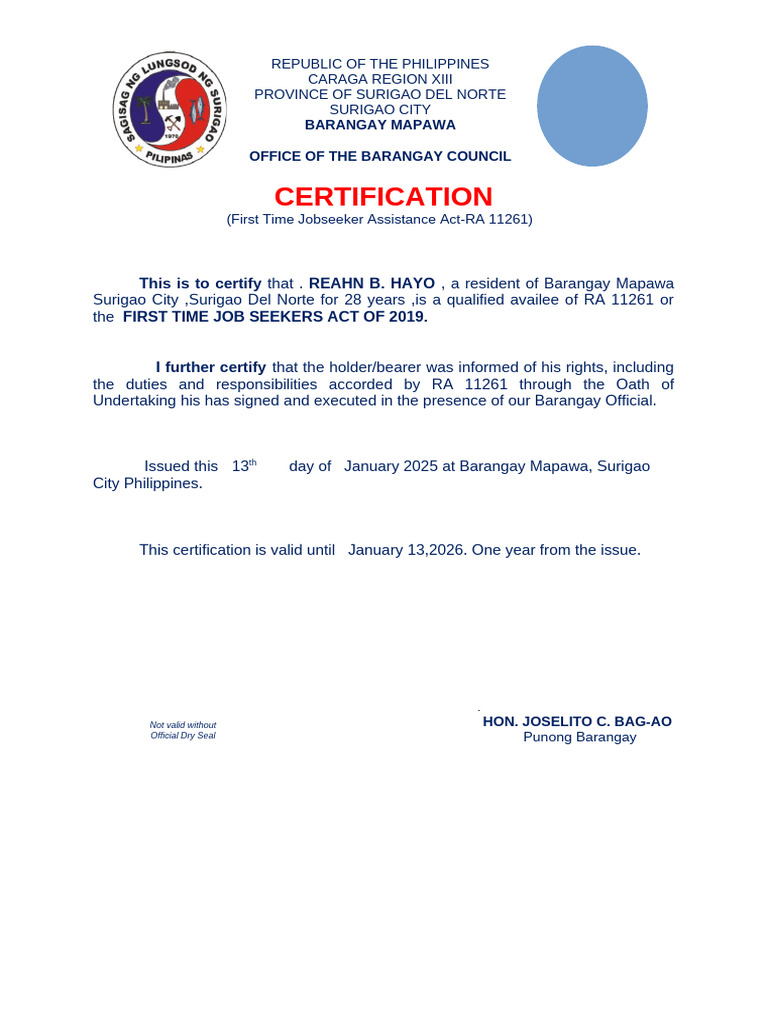 RA 11261 Certification for Jobseekers | PDF