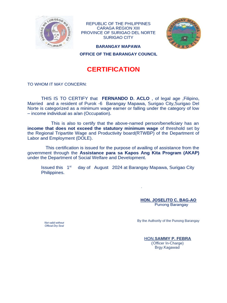 CERTIFICATION FOR AKAP | PDF