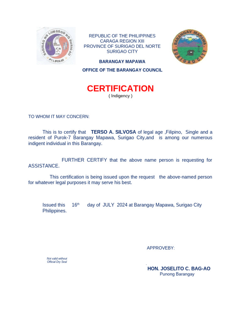 Certification Indigency of DSWD | PDF
