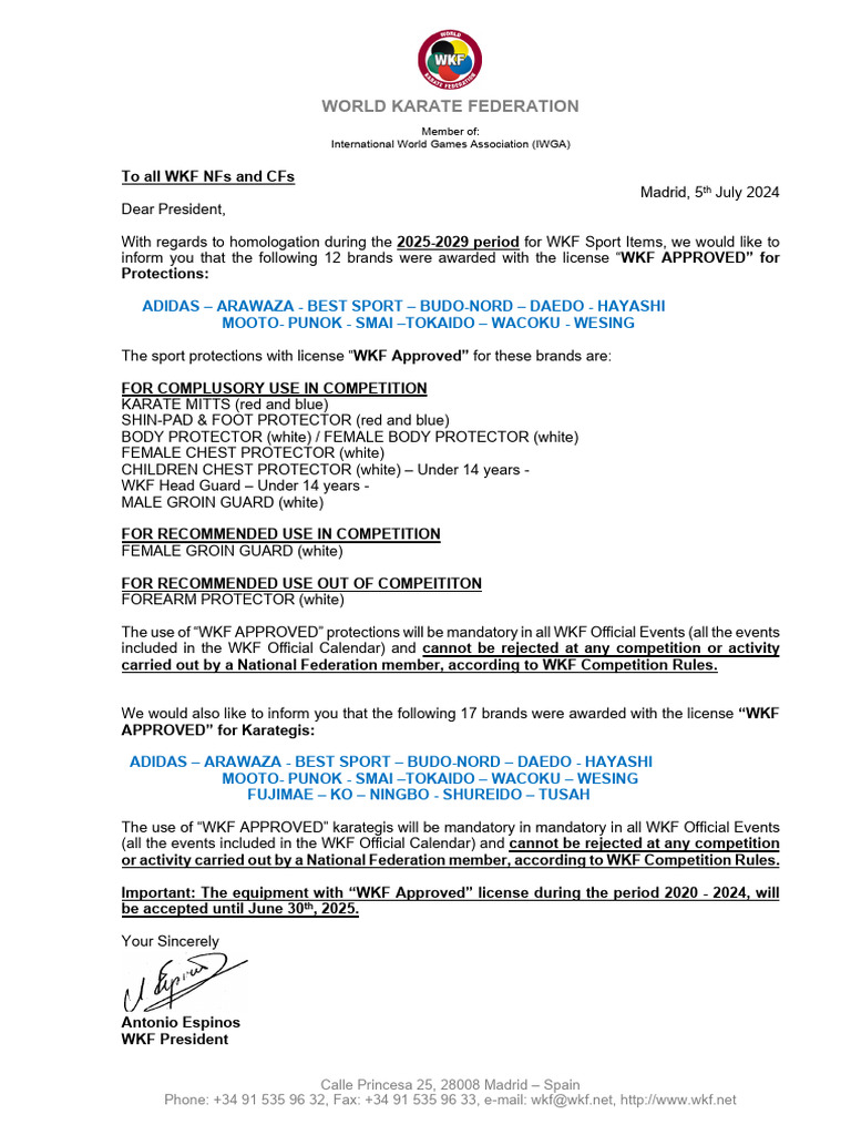 Letter To WKF NFs Amp CFs Approved Protections 2025 2029 | PDF