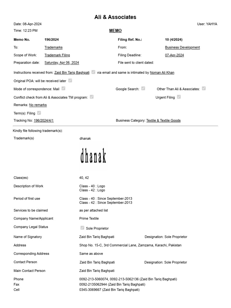 Prime Textile., Dhanak (Logo) in Class-40 & 42 | PDF