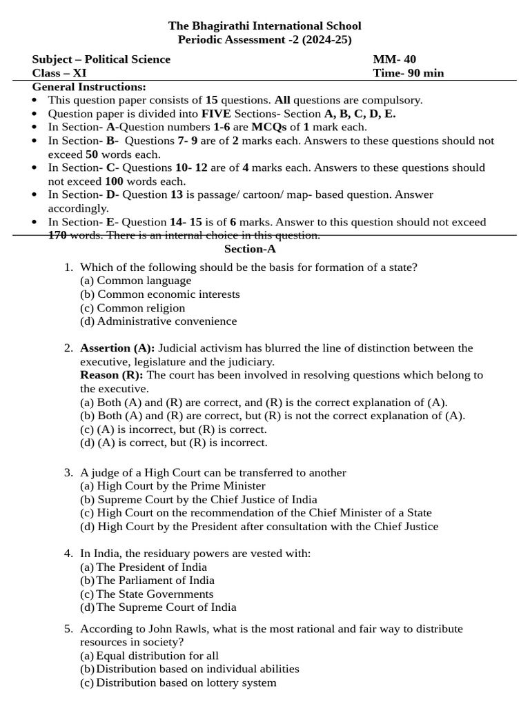 Political Science Assessment Class XI 2024-25 | PDF | John Rawls ...