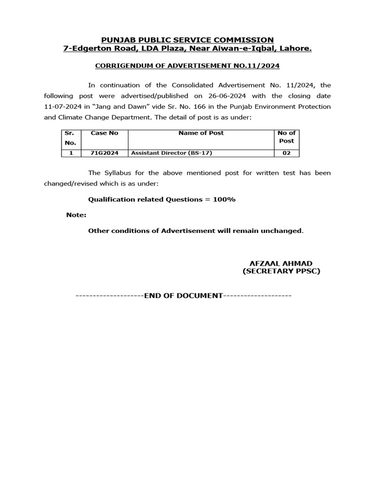 PPSC Corrigendum: Assistant Director Post | PDF