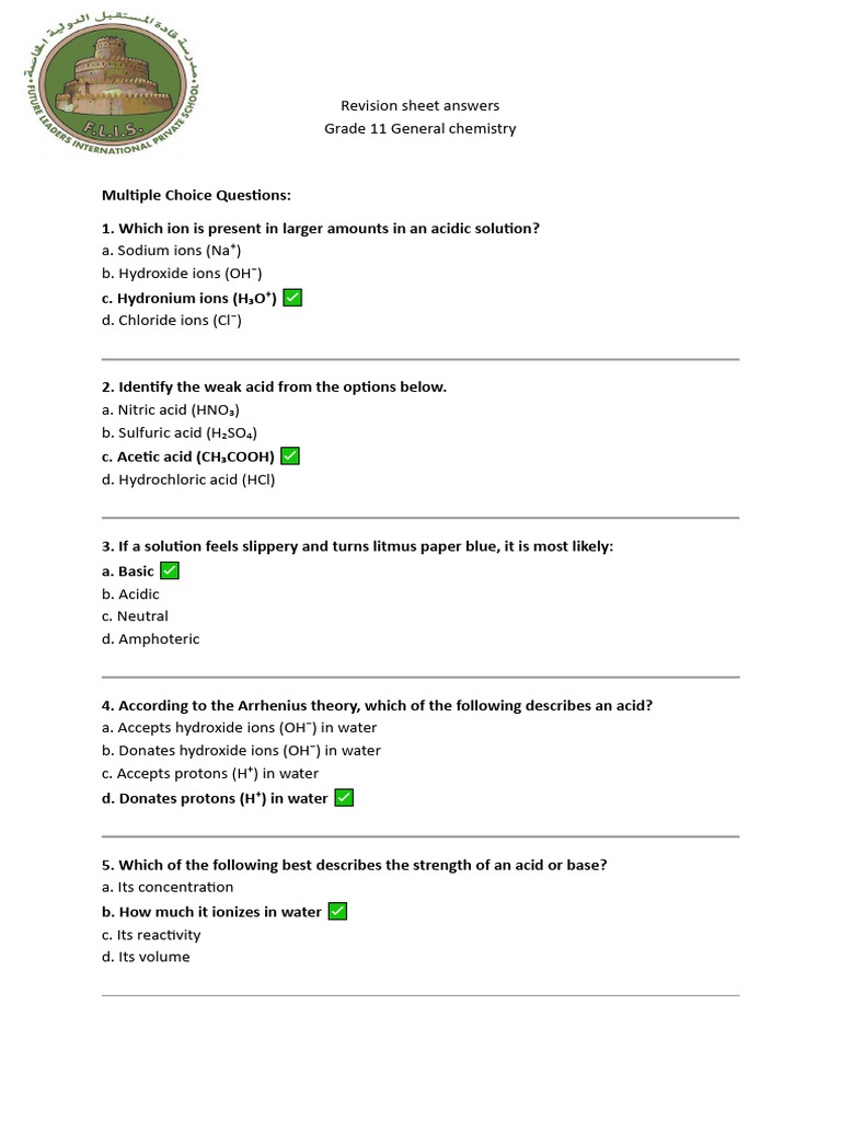 G11 revision sheet answers | PDF | Acid | Chemistry