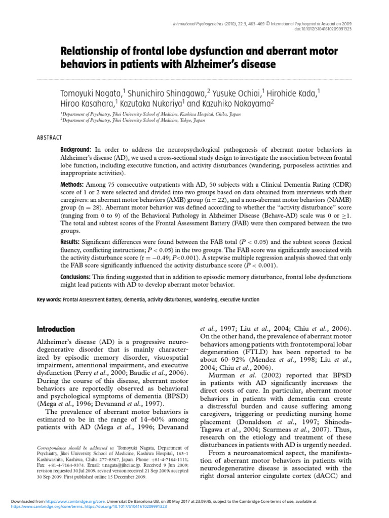 2010 Nagata Motor Aberrant Behavior and AD | PDF | Alzheimer's Disease ...