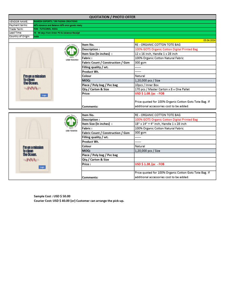 RE - Cotton Tote Bag - Quotation - 03.04.2024 | PDF | Textiles