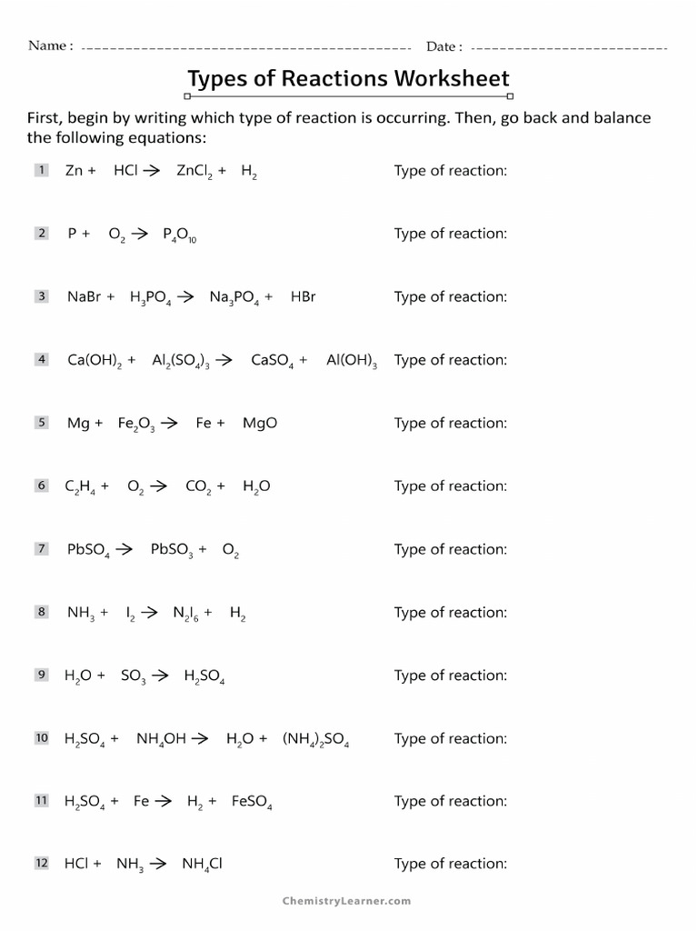 Types of Reactions Worksheet Then Balancing | PDF