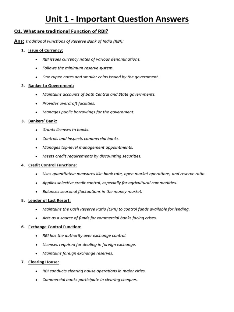 AFM Unit 1 Important Question Answers | PDF | Reserve Bank Of India | Open Market Operation