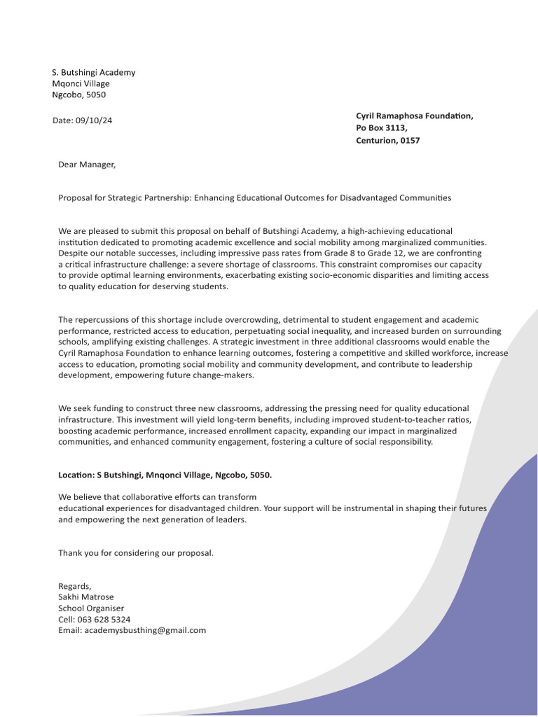 S Butshingi Letter | PDF | Teachers | Learning