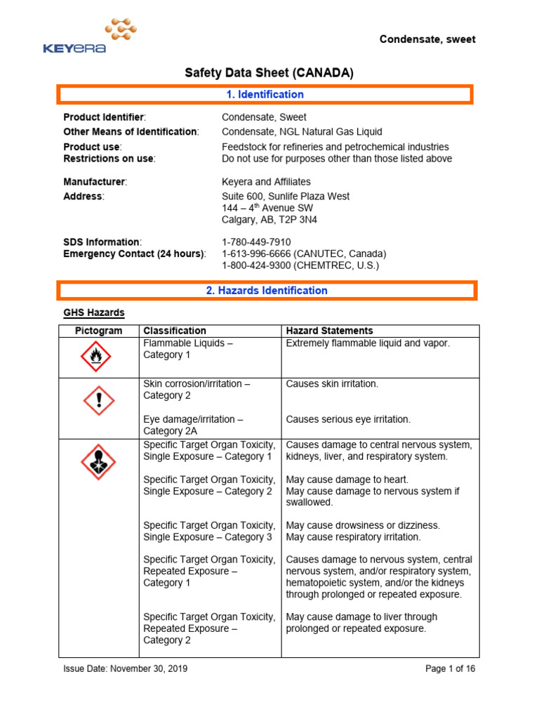 Condensate Canada SDS Keyera | PDF | Benzene | Water