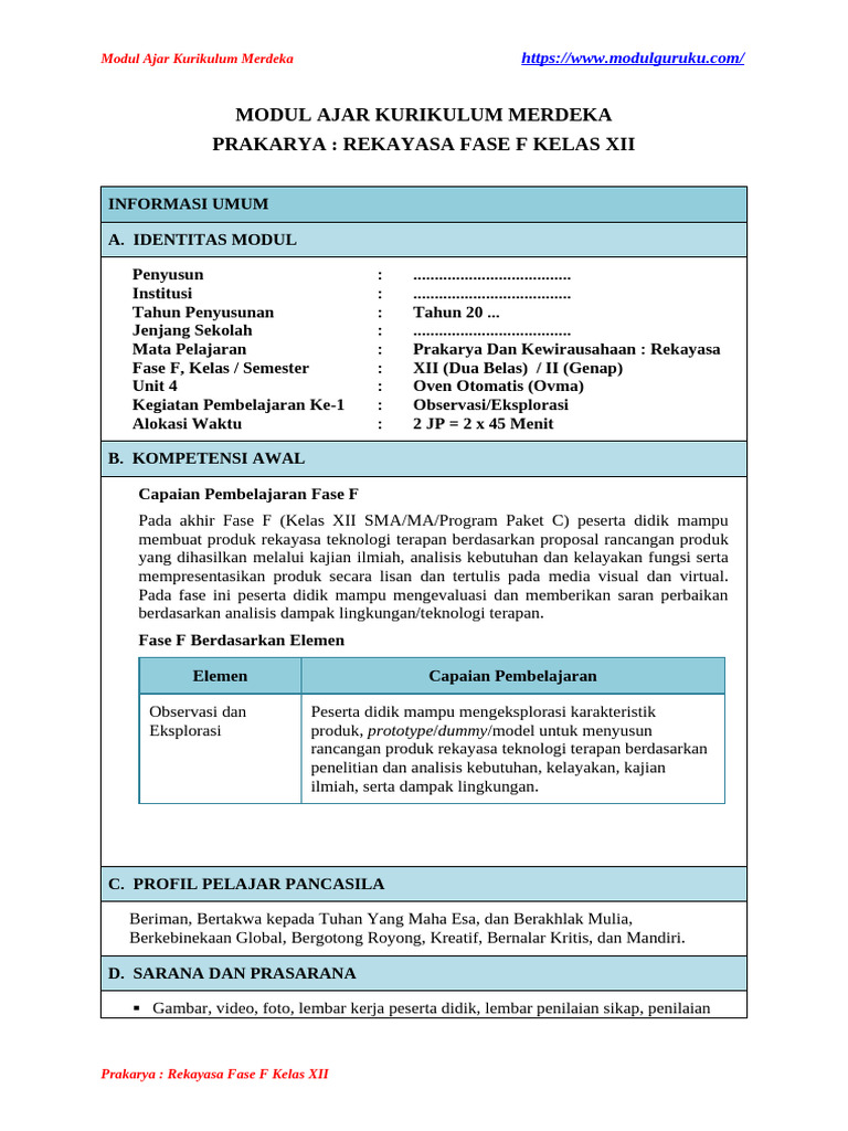 Modul Ajar Prakarya Rekayasa Kelas 12 Fase F Unit 4 (Modulguruku - Com) | PDF