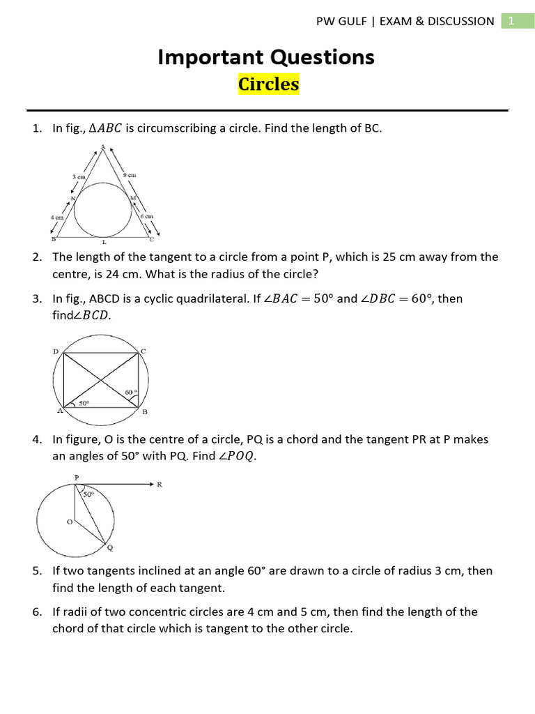 Circles Important Questions | PDF | Circle | Perpendicular