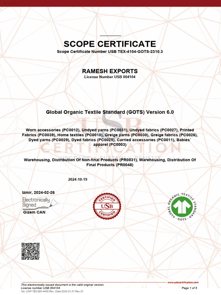SCOPE - CERTIFICATE - USB TEX-4104-GOTS-2310 - 70758 - Signed | PDF ...