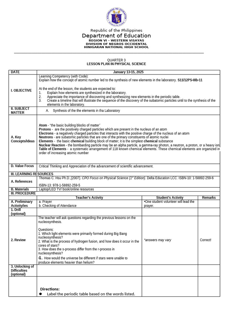 Daily Lesson Plan W1 L2 in DRRR 11 | PDF | Chemical Elements | Atoms