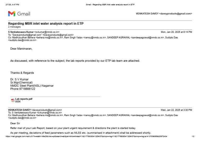 Jan 20 Regarding MBR Inlet Water Analysis Report in ETP | PDF