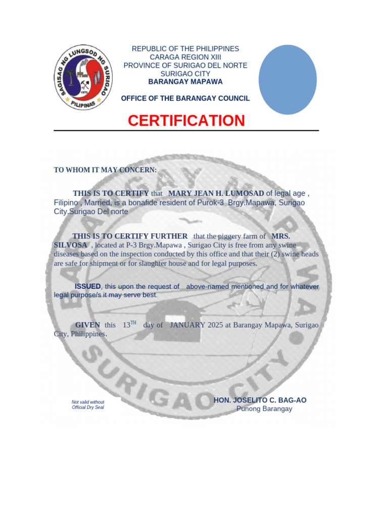 Barangay Certification for Piggery | PDF
