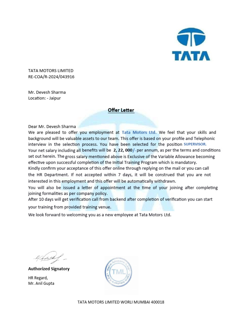 Tata Motors Job Offer Letter for Supervisor | PDF | Economies | Business