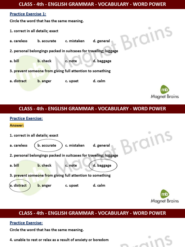 CLASS - 4th To 5th - Exercise - VOCABULARY - WORD POWER | PDF | Baggage