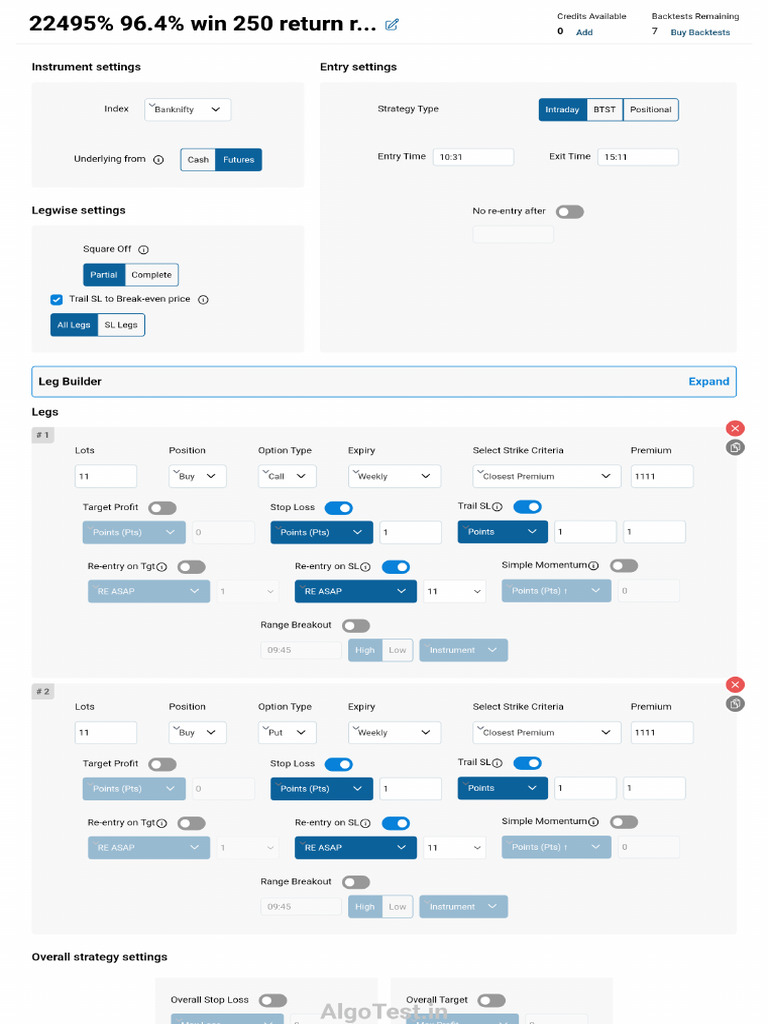 Algotest - Strategy - 22495% 96.4% Win 250 Return Ratio | PDF