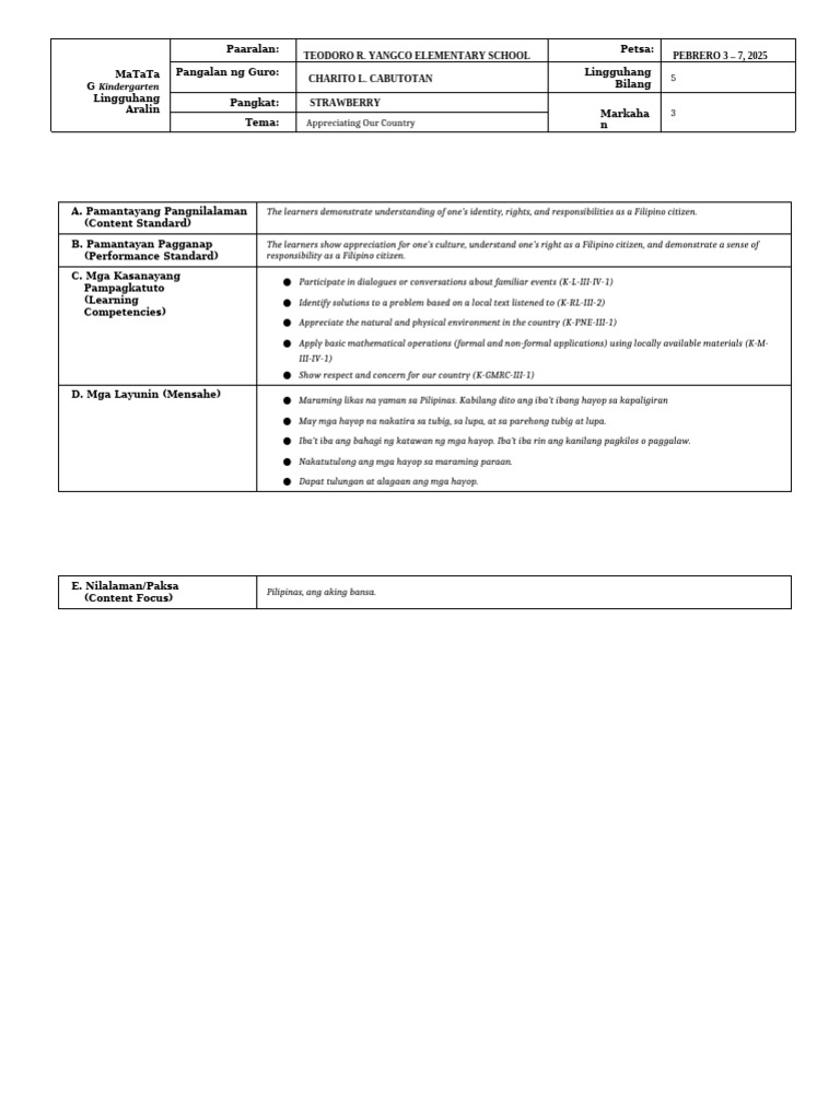 LE Kindergarten Q3 Week5 | PDF