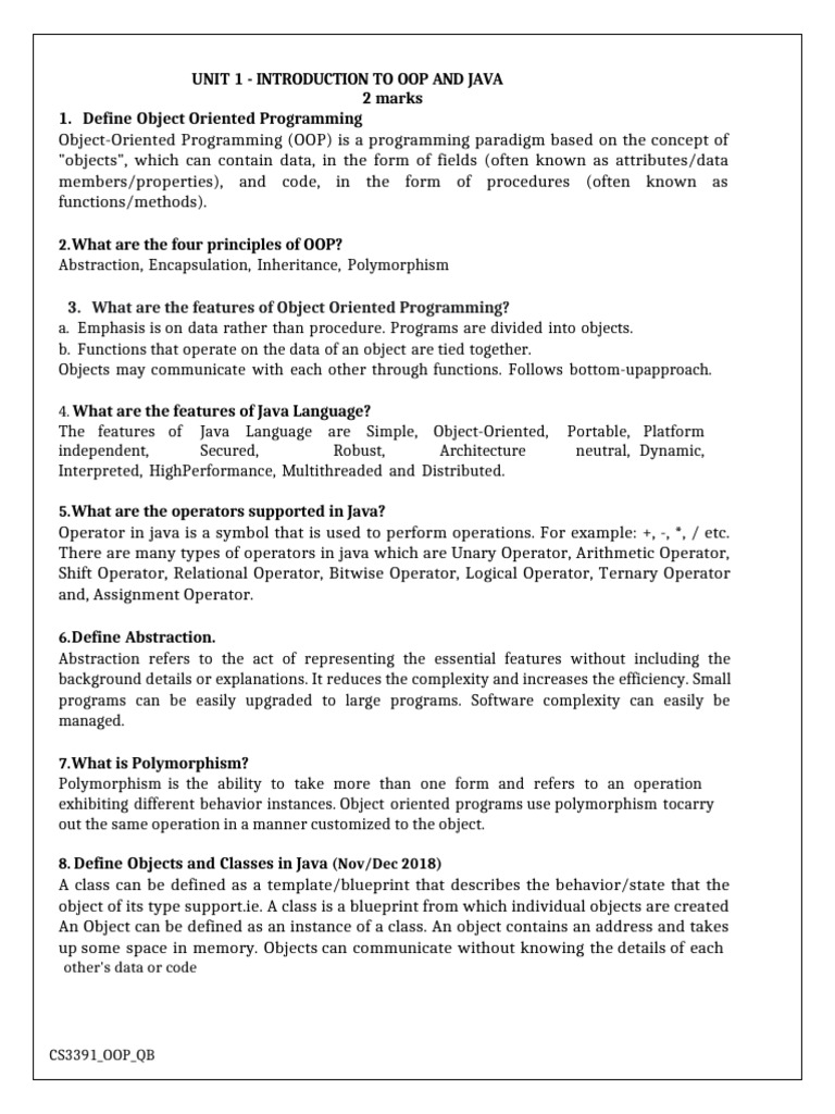III_CSE_CS3391_OOP_QB_Unit1 | PDF | Object Oriented Programming | Class (Computer Programming)