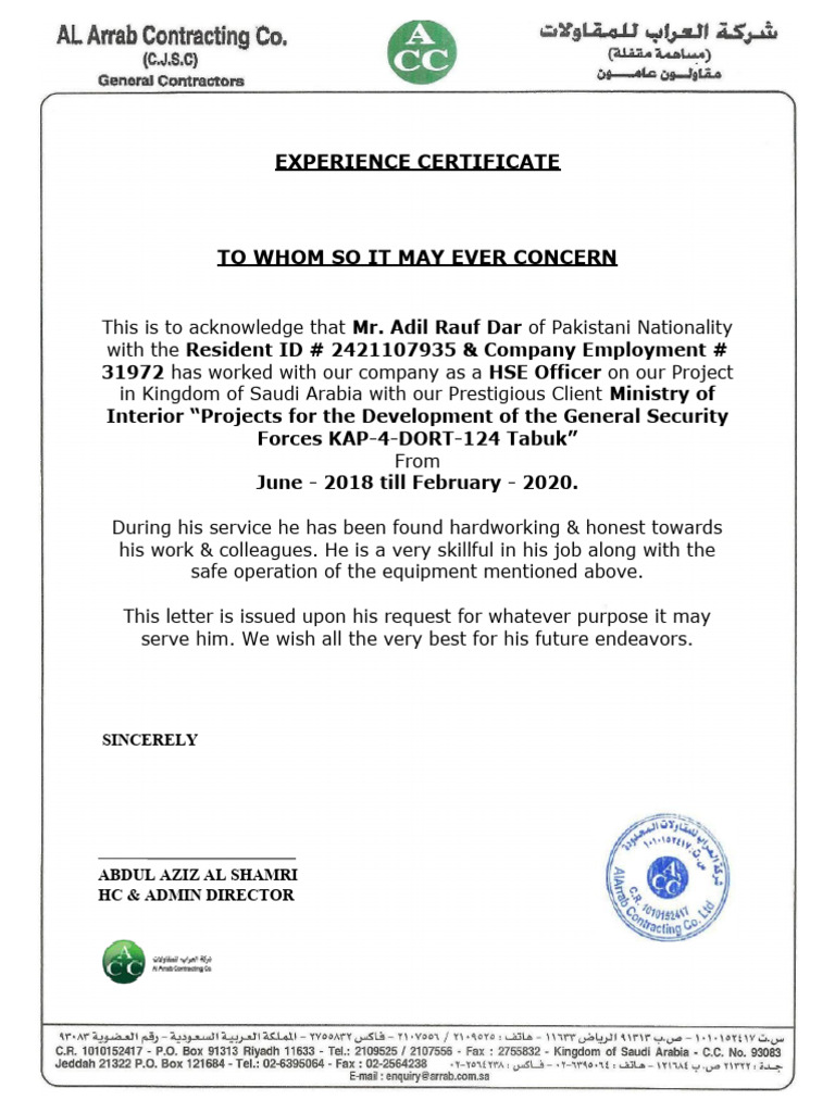 Safety Officer Experience Certificate | PDF