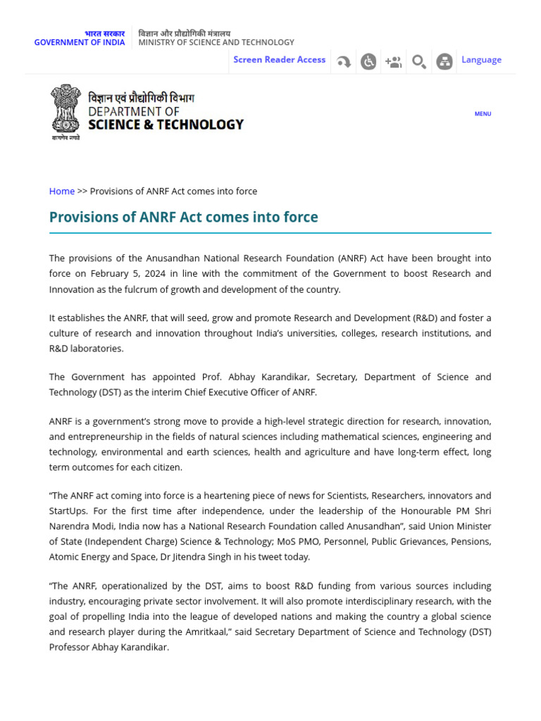 Provisions of ANRF Act comes into force _ Department Of Science ...