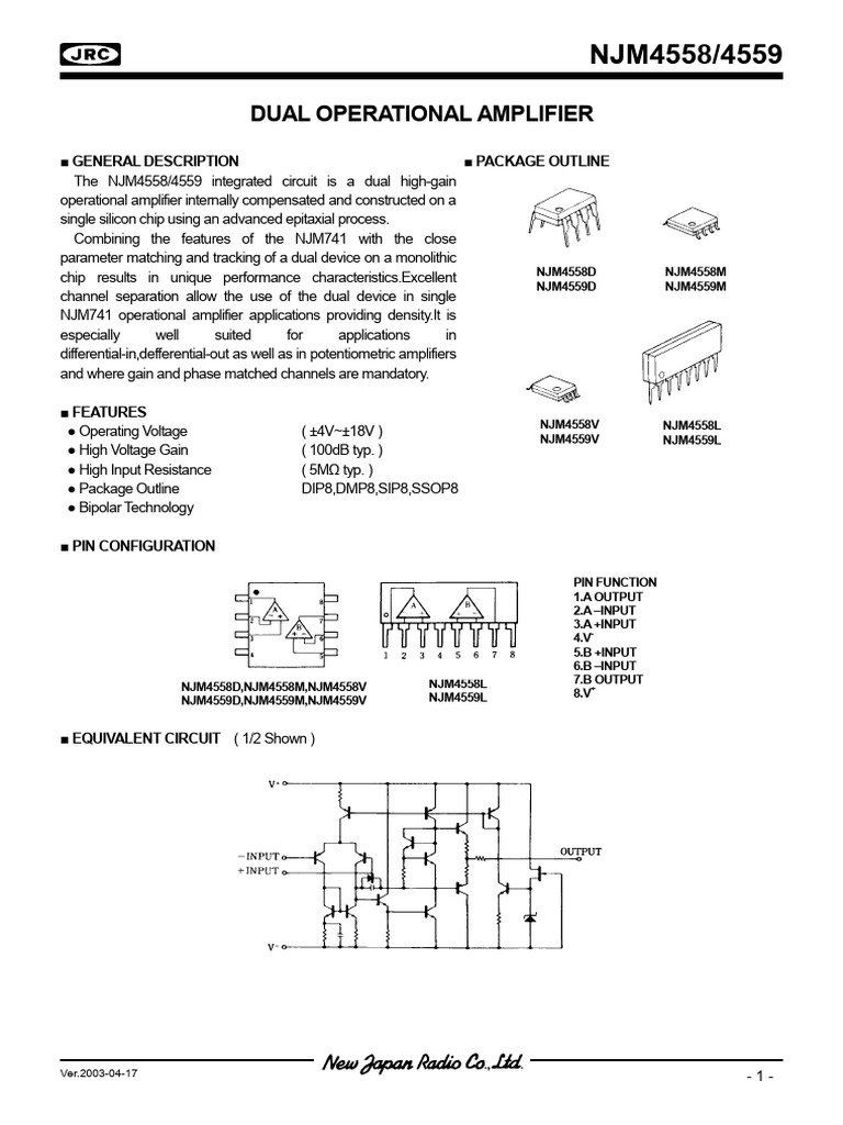 NJM4558D - Dual Operational Amplifier | PDF | Operational Amplifier ...