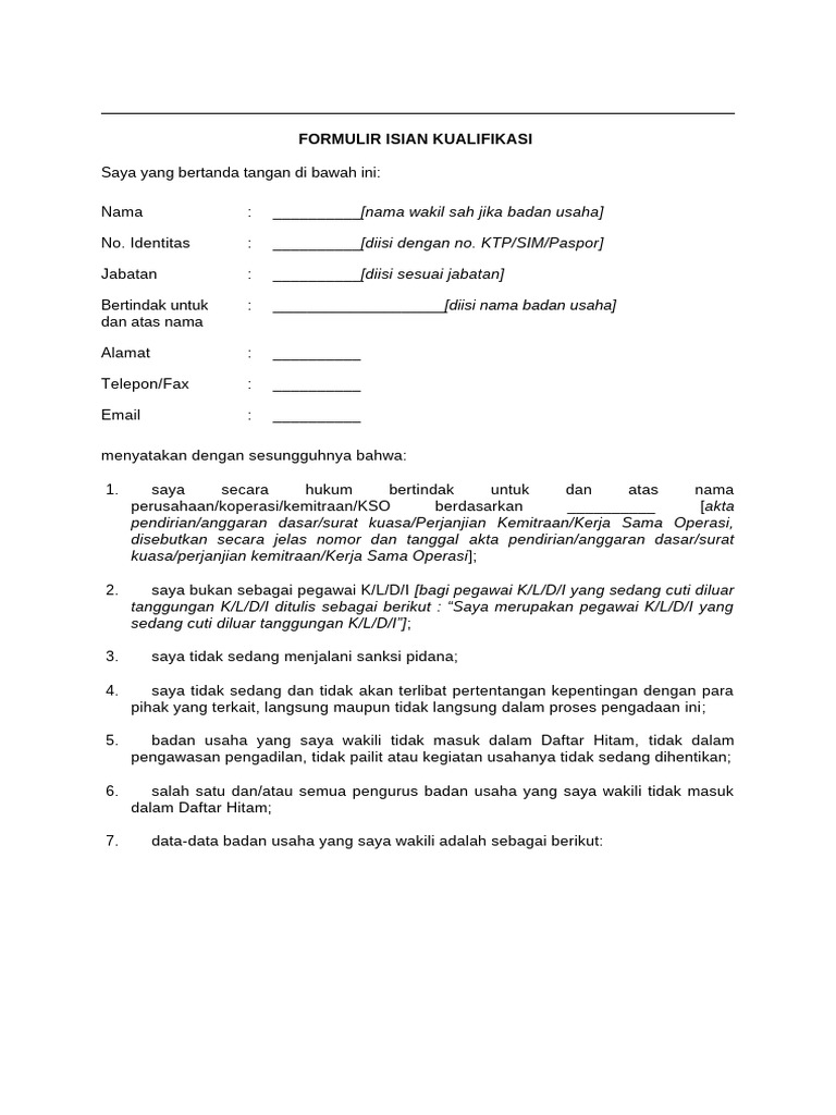 Form Isian Kualifikasi | PDF