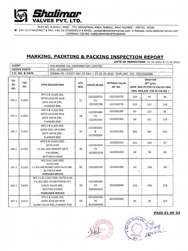 Painting & Packing Insp Report | PDF