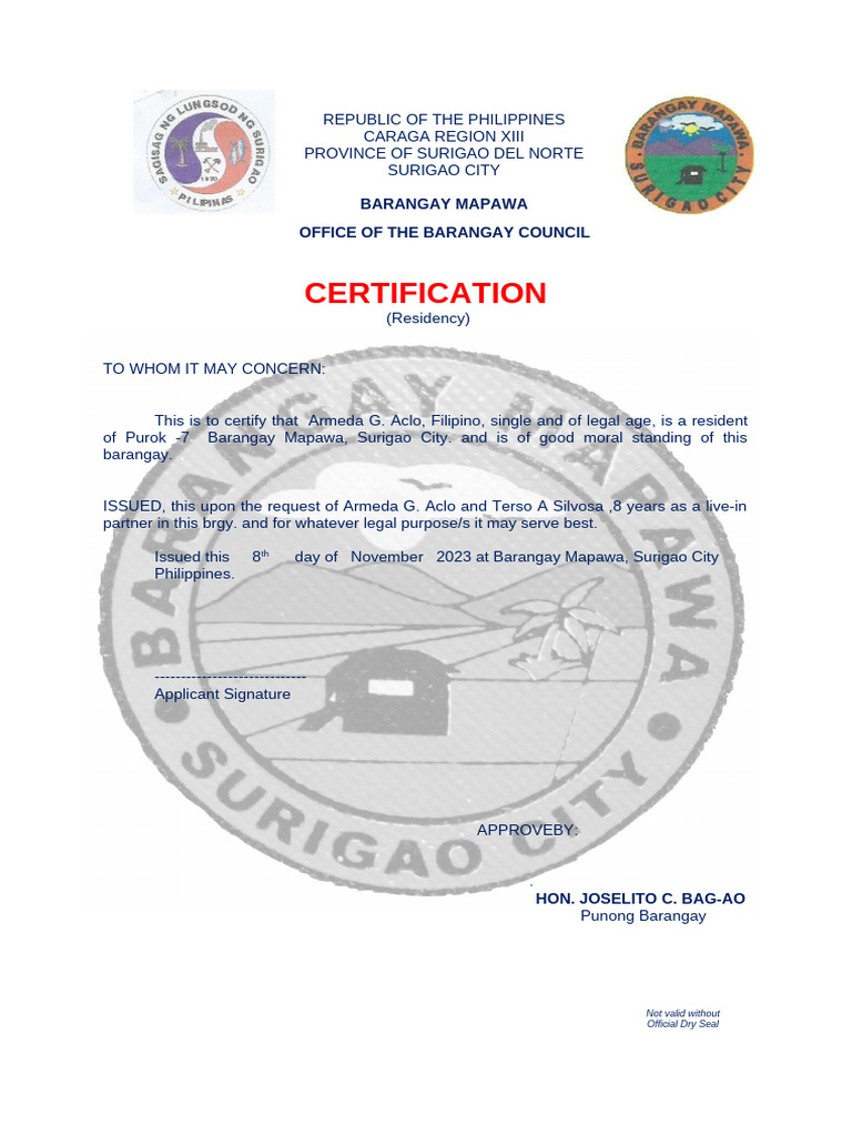 CERTIFICATE OF RESIDENCY - 2022 Hit by Typhoon Odette Live in | PDF