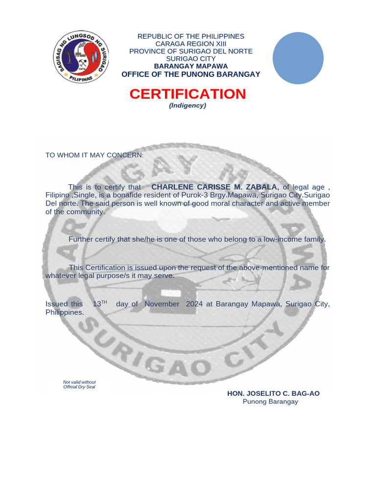 CERTIFICATE OF INDIGENCY For LOW INCOME | PDF