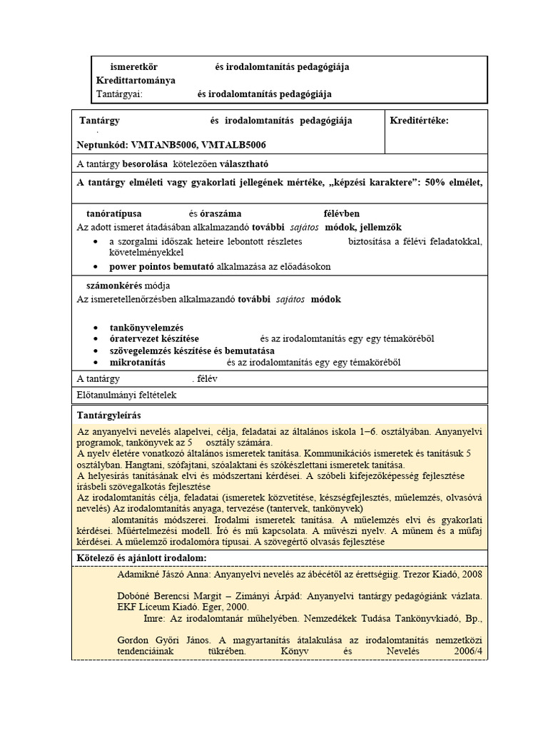 VMT - Anyanyelv És Irodalomtanítás Pedagógiája | PDF