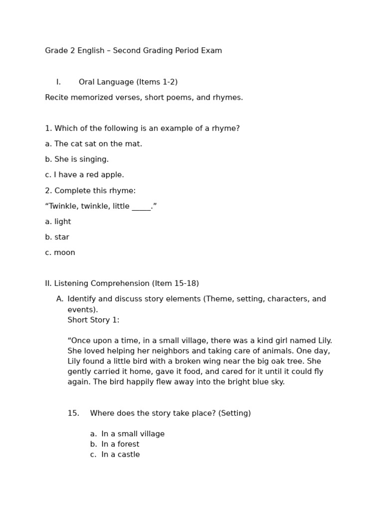 Grade 2 English Exam: Second Grading Period | PDF
