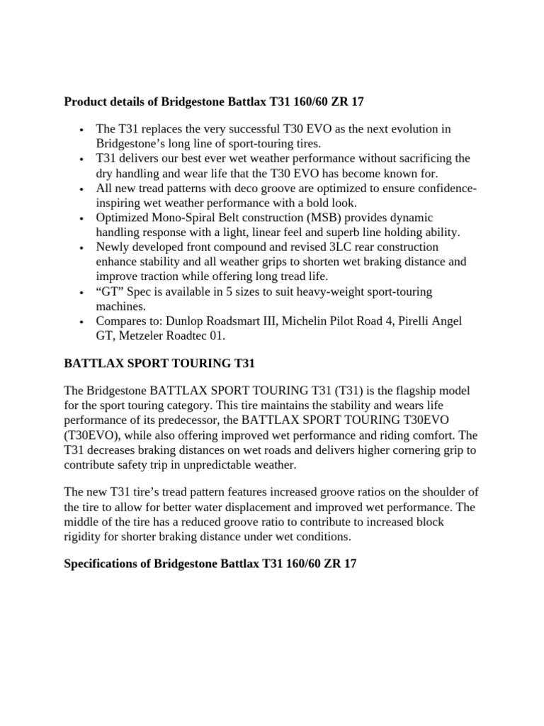 Product Details of Bridgestone Battlax T31 160 | PDF