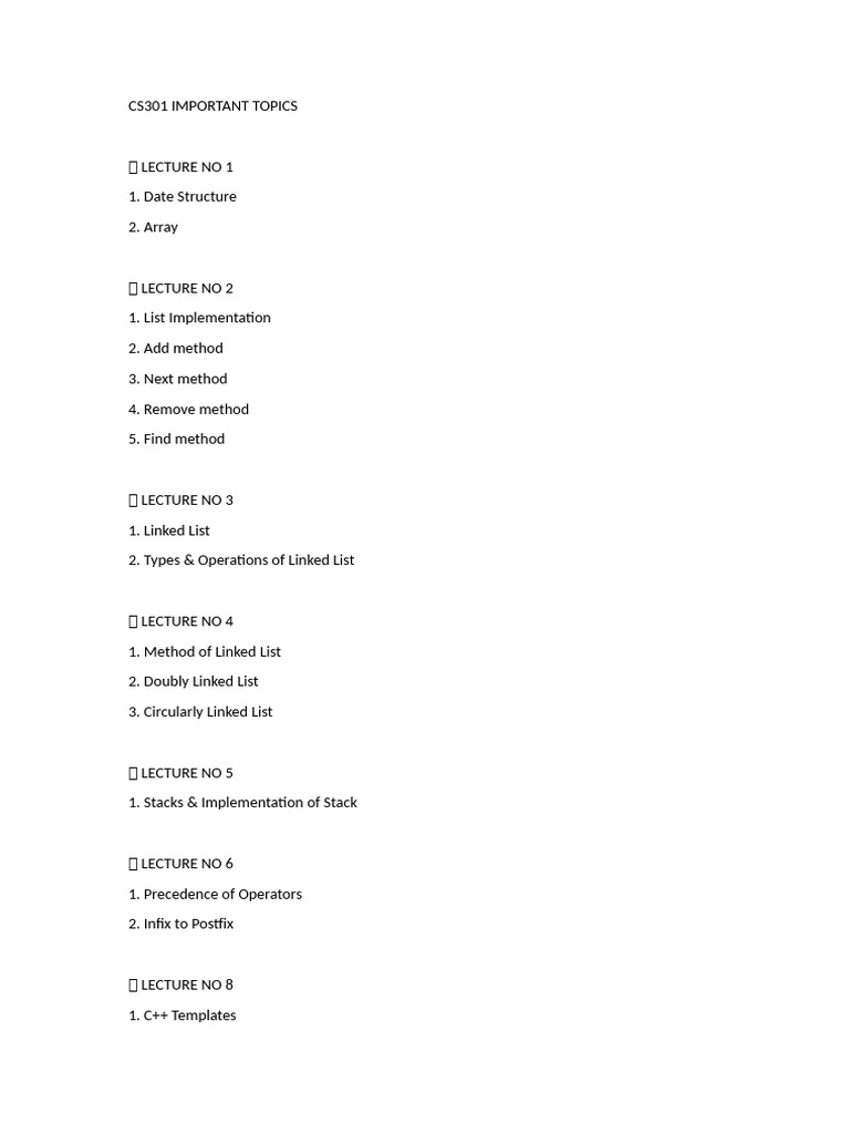 CS301 Data Structures Lecture Topics | PDF