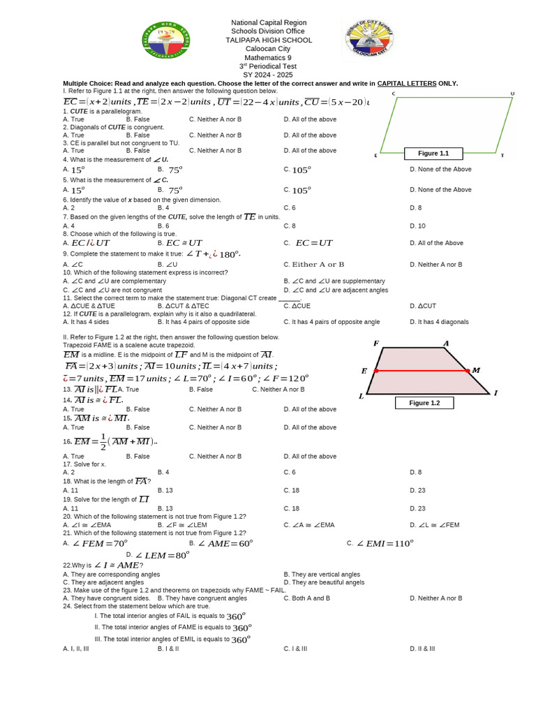G9 Math q3 Test Item (1) | PDF | Triangle | Angle