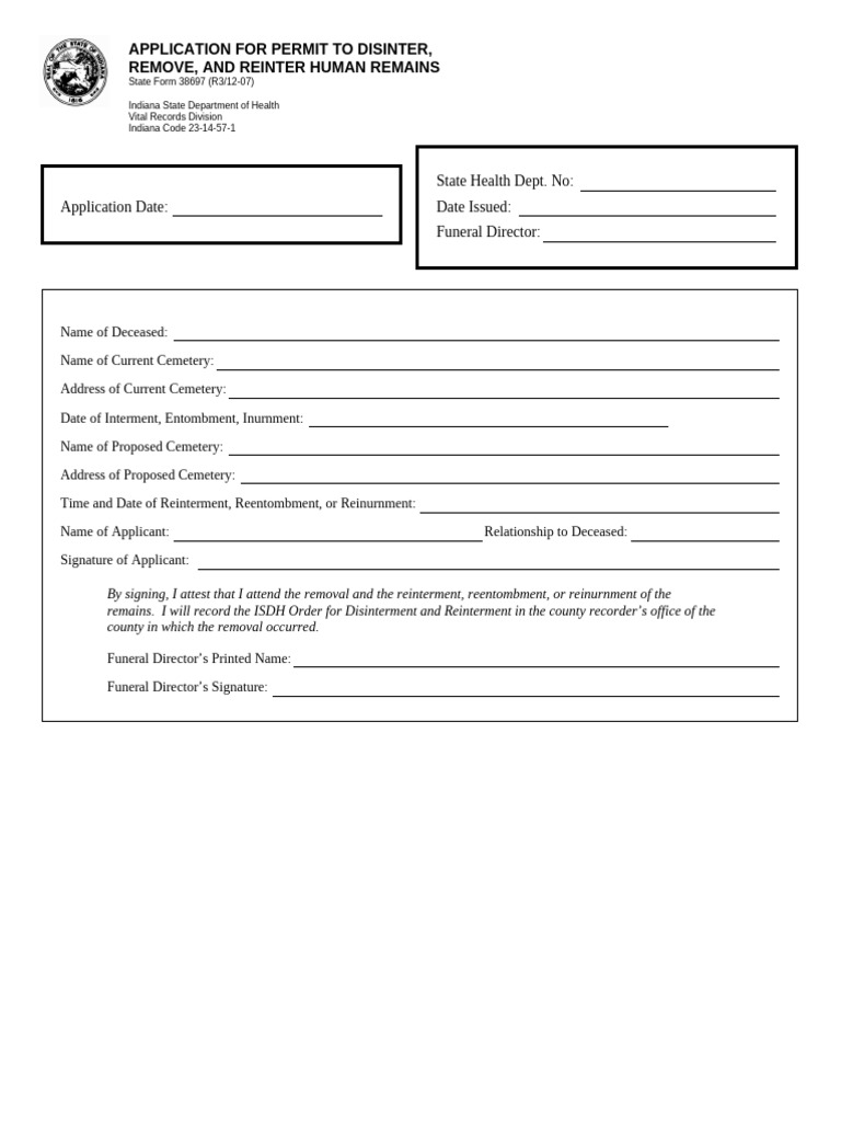 Indiana Exhumation Permit Application | PDF | Burial | Social Conventions