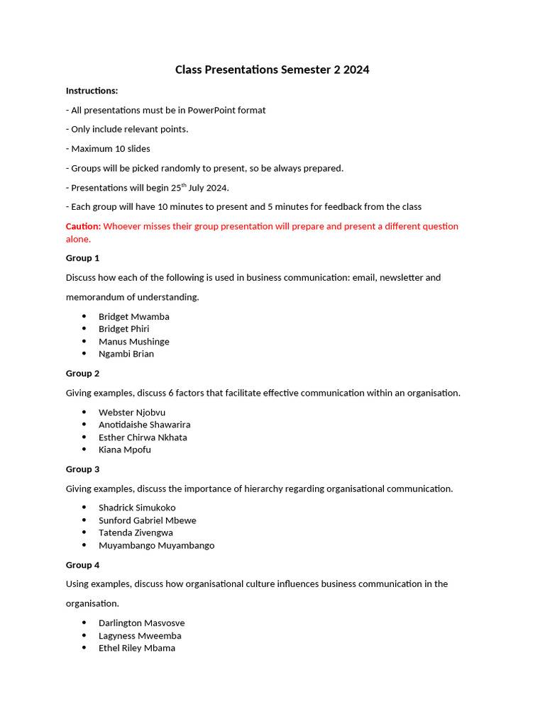 Class Presentations Semester 2 2024 - BC | PDF | Human Communication ...