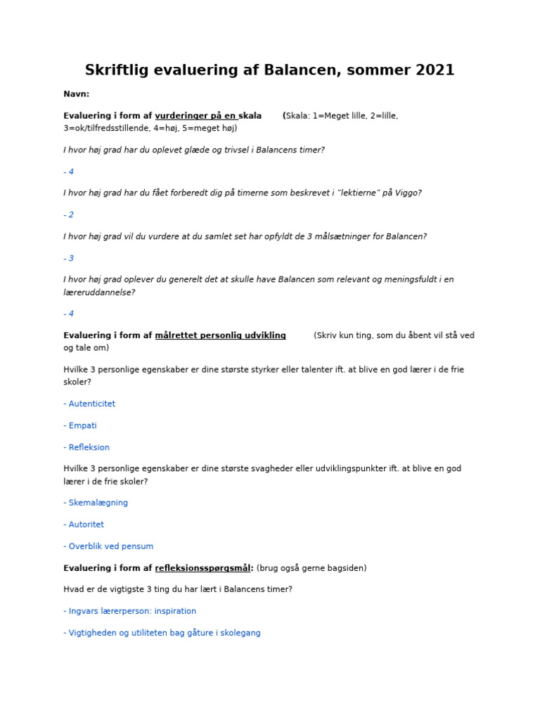 Skriftlig Evaluering Af Balancen, Sommer 2021 | PDF