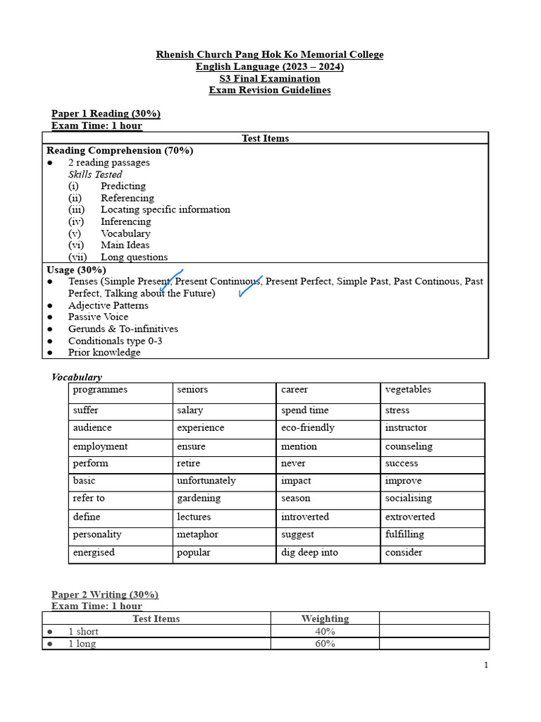 23-24 EL S3 Final Exam Revision Guidelines | PDF | Vocabulary | Reading Comprehension