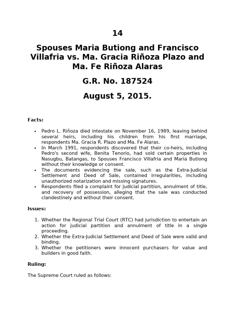14.-Spouses-Maria-Butiong-and-Francisco-Villafria-vs.-Ma.-Gracia-Riñoza-Plazo-and-Ma.-Fe-Riñoza ...